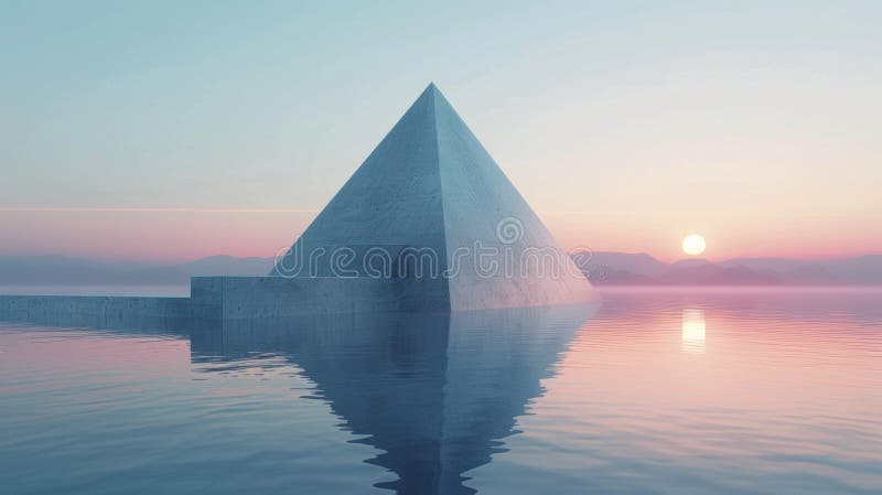 A Pyramid in the Middle of a Body of Water at Sunset, AI Stock ...