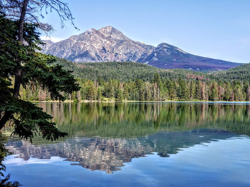Pyramid Mountain Reflection Blue Sky Water Green Stock Photo - Image of ...
