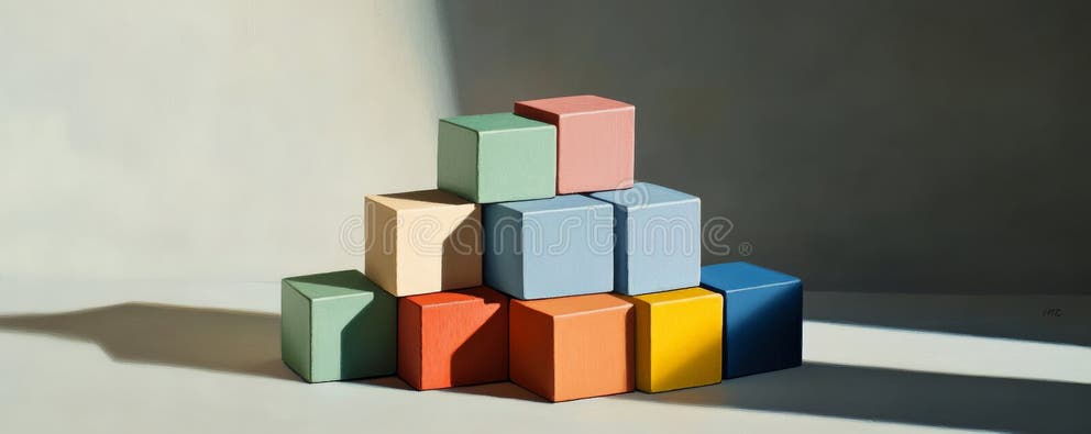 A Pyramid of Multi-colored Cubes Stacked on a Light Gray Surface, with ...