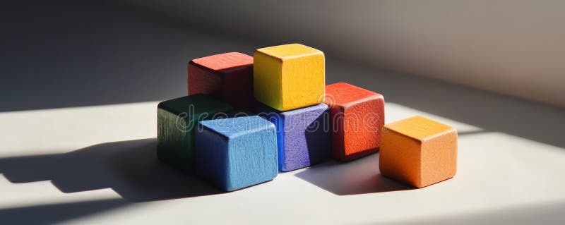 A Pyramid of Multi-colored Cubes Stacked on a Light Gray Surface, with ...
