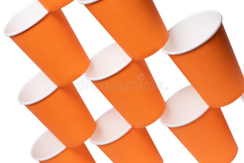 Pyramid of Orange Disposable Paper Cups Isolated on White Background ...