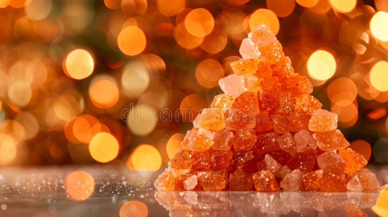 Pyramid of Orange Himalayan Salt Crystals on Sparkling Background with ...