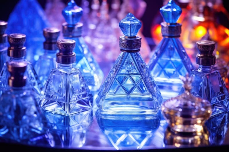 Pyramid of Perfume Bottles Under Blue Lights Stock Image - Image of ...