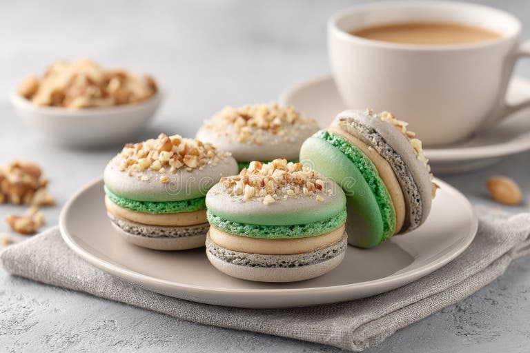 A Pyramid of Pistachio Macarons Sits on a White Plate with a Coffee ...