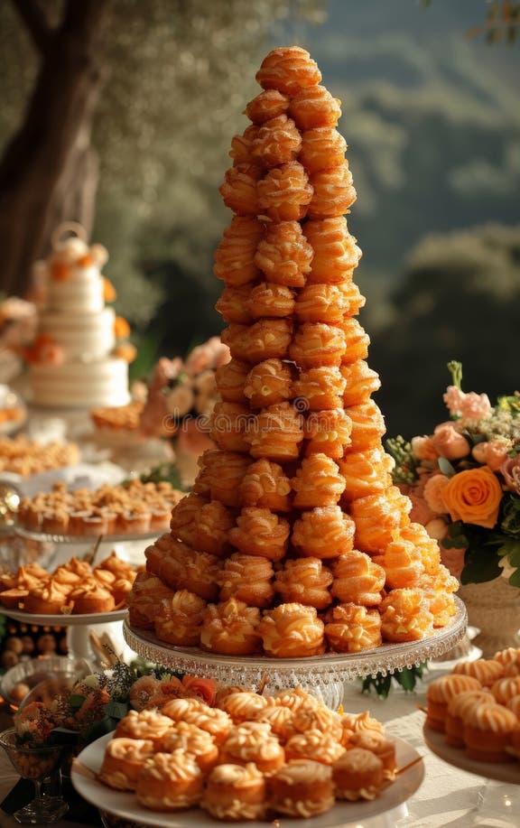 Pyramid of Profiteroles Stands on Table in Restaurant Stock Image ...