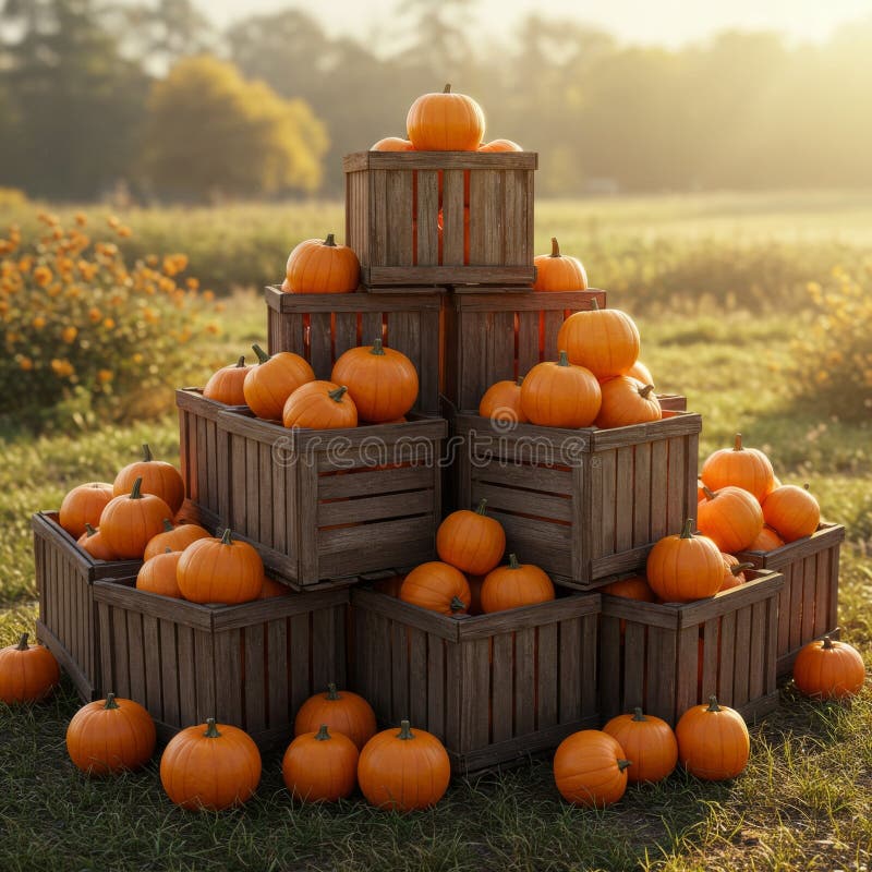 Pyramid of Pumpkins in Wooden Crates at Sunrise Stock Illustration ...