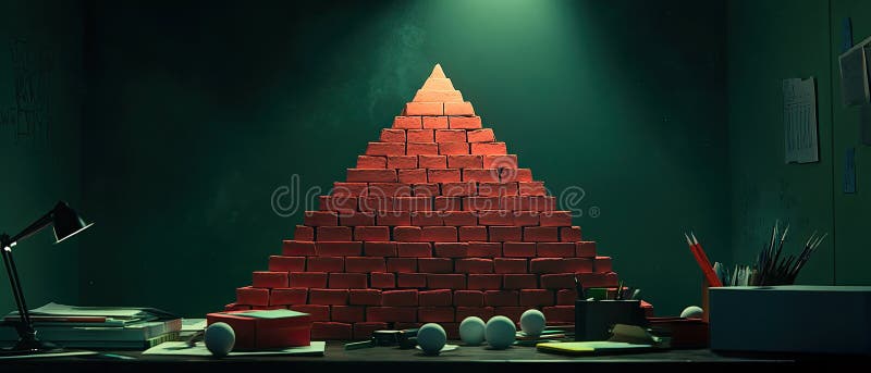 A Pyramid of Red Bricks in a Dark Room with a Desk in the Foreground ...