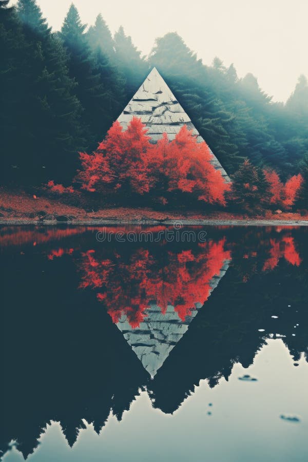 A Pyramid with Red Trees and a Reflection in the Water. Generative AI ...