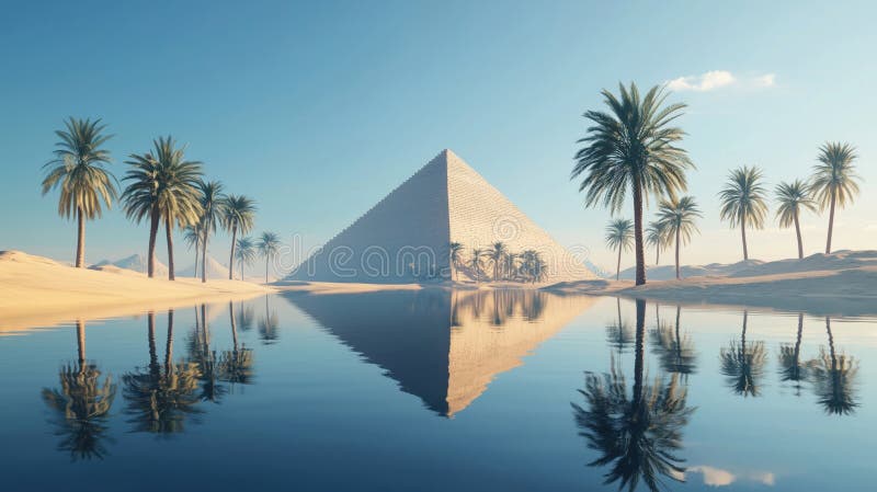 Pyramid Reflection in Water, Surrounded by Palm Trees and Desert ...