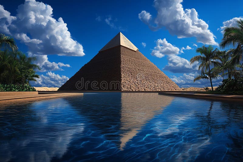 A Pyramid Reflects in a Calm Pool of Water, Surrounded by Palm Trees ...