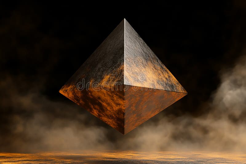 Pyramid Shape Floating with Metallic Reflections on a Dark Background ...