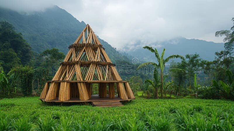 Bamboo Pyramid Structure in a Lush Green Field with Mountainous ...