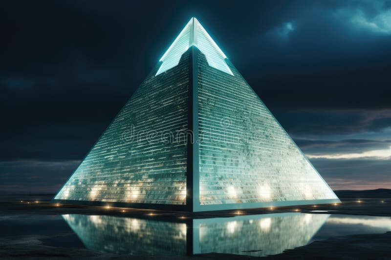 A Pyramid Shaped Building Lit Up at Night. Stock Illustration ...