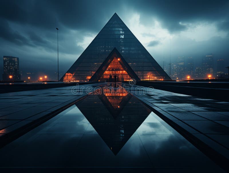 A Pyramid Shaped Building in the Middle of a City at Night Stock ...