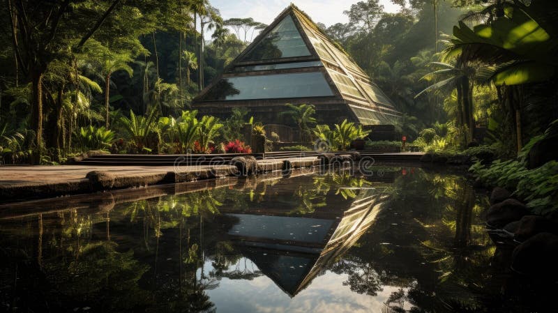 A Pyramid Shaped Building with a Pool of Water Stock Illustration ...