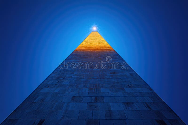 A Pyramid Shaped Building with a Sun Setting Behind it Stock Photo ...