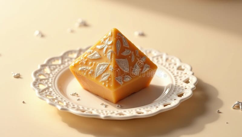 A Pyramid Shaped Dessert with Silver Leaf Decorations on a White Lace ...