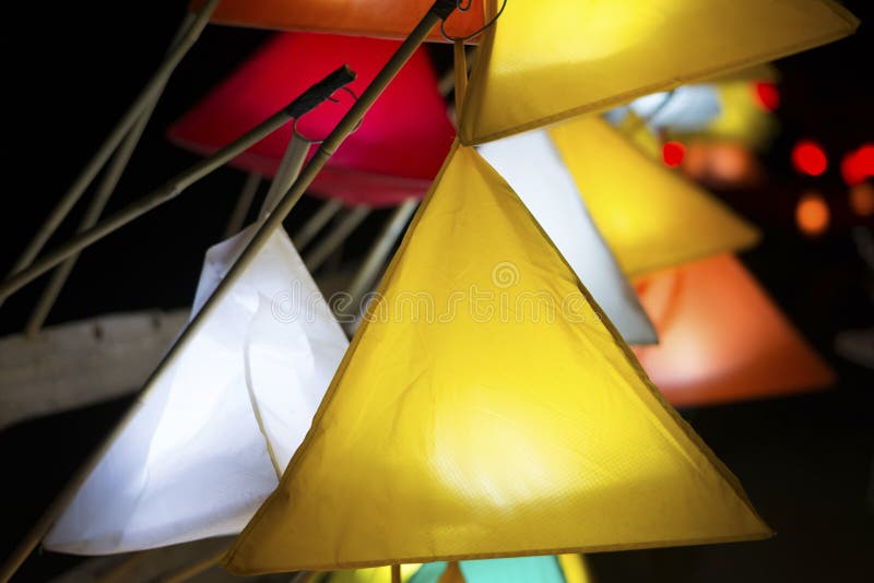 Pyramid-Shaped Paper Lanterns in a Dark Evening Stock Image - Image of ...