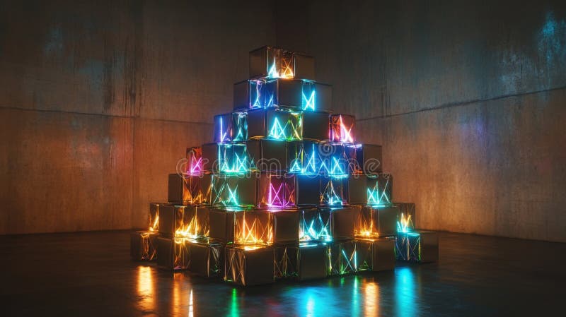 A Pyramid of Shiny Golden Cubes with Glowing Neon Lights Stock ...
