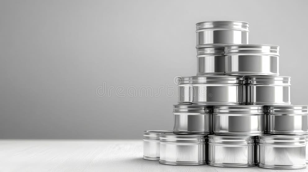 Pyramid of Silver Metal Containers with Lids on White Surface in Studio ...