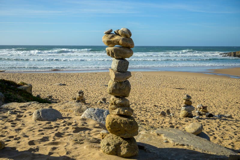 Pyramid from Stack Balanced Stones on Sandy Beach, Atlantic Ocean ...