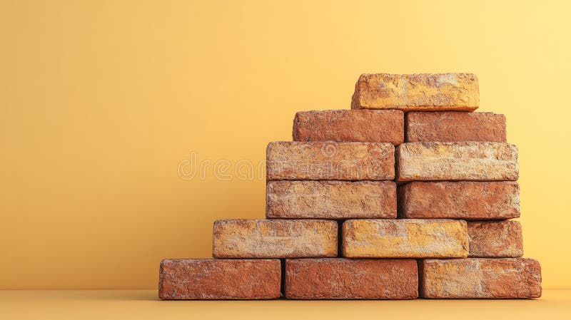 A Pyramid Stack of Bricks on a Yellow Background. Stock Photo - Image ...