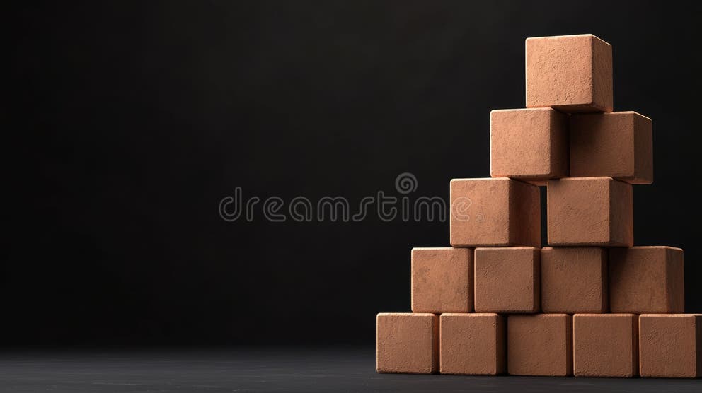 Pyramid of Stacked Brown Bricks on Dark Background Symbolizes Strength ...