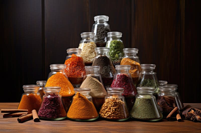 Pyramid of Various Cooking Spices in Glass Jars Stock Illustration ...