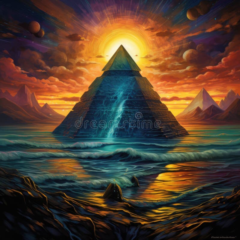 A pyramid in the water stock illustration. Illustration of sunrise ...