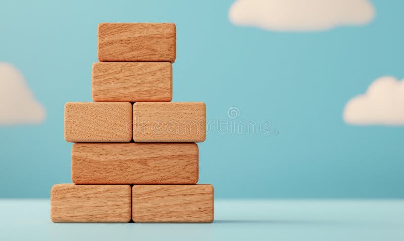 Pyramid of Wooden Blocks Stacked Against a Blue Background with Clouds ...