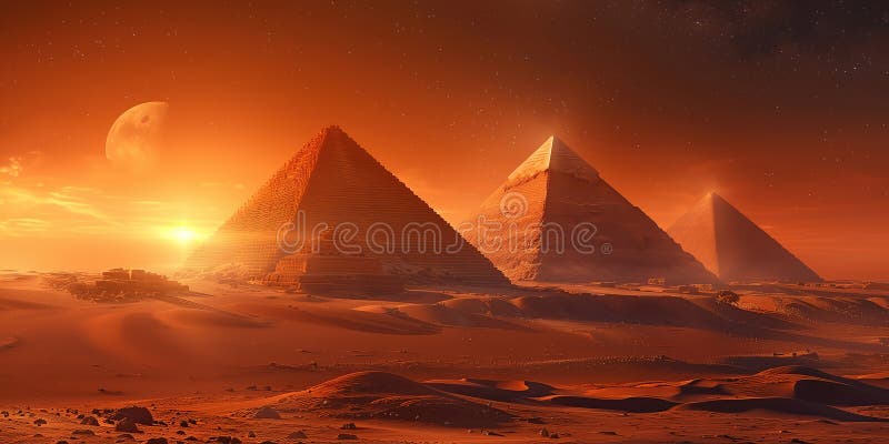 Pyramids in Ancient Egypt at Sunset and Big Moon in the Sky Stock ...