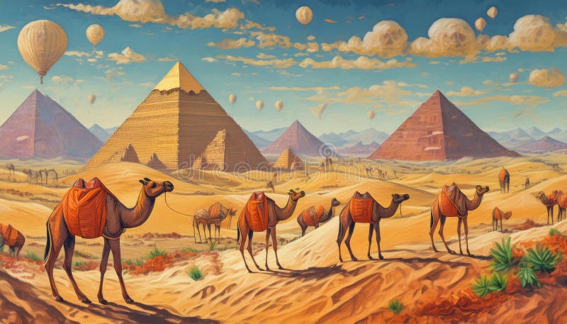 Pyramids in Desert Flat Vector Panoramic Illustration Stock Image ...