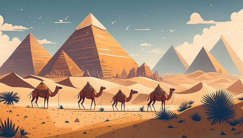 Pyramids in Desert Flat Vector Panoramic Illustration Stock Image ...