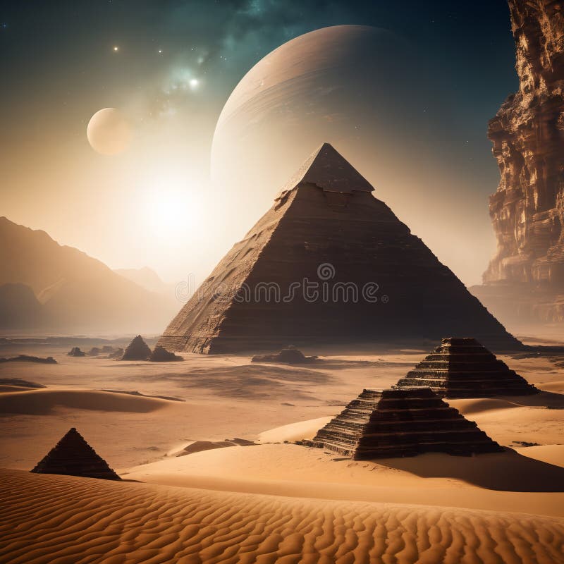 Pyramids in a Desert with a Planet in the Background. Stock ...