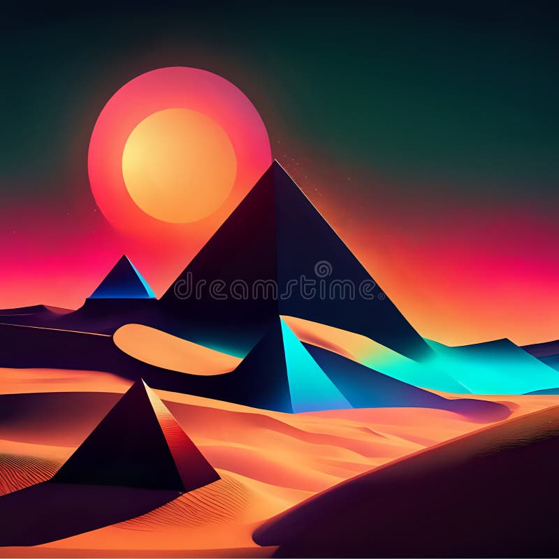 Pyramids in a Desert with a Sunset in the Background Stock Illustration ...