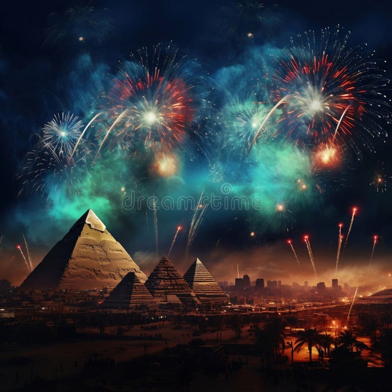 The Pyramids in Egypt with Fireworks - Landscape Photography Stock ...