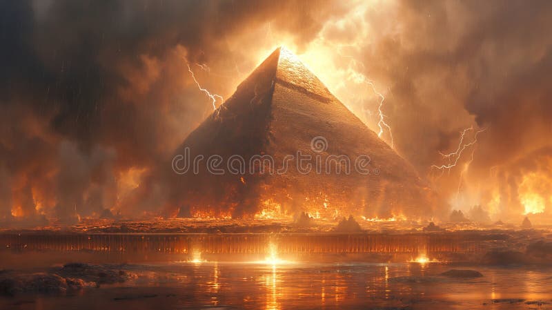 The Pyramids of Giza in Egypt, Illuminated by Fire Stock Illustration ...