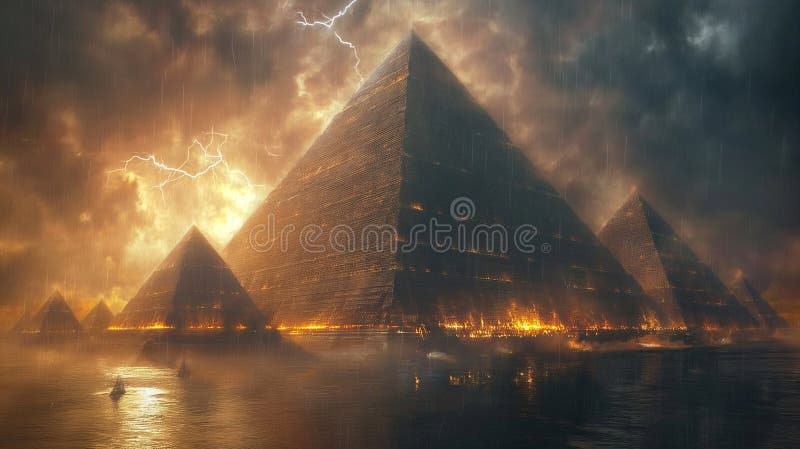 The Pyramids of Giza in Egypt, Illuminated by Fire Stock Photo - Image ...