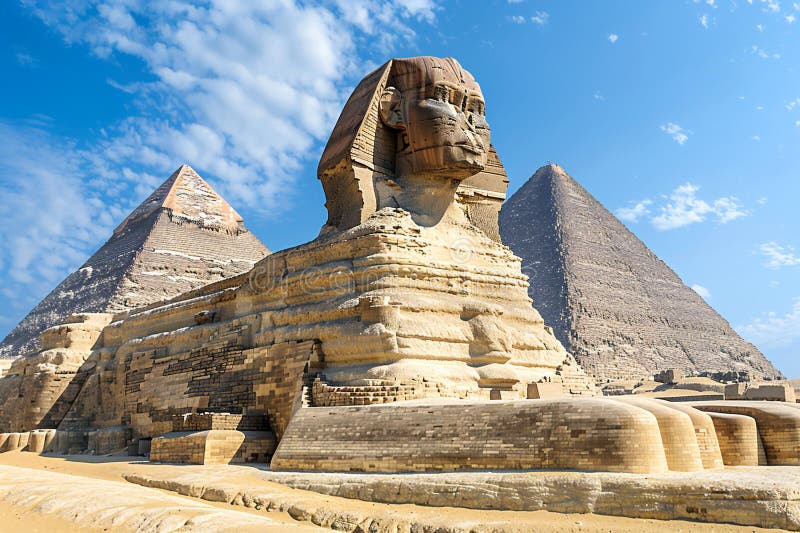 The Pyramids of Giza with the Great Sphinx in Egypt, Blue Sky ...