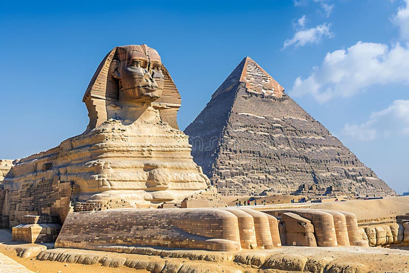 The Pyramids of Giza with the Great Sphinx in Egypt, Blue Sky ...
