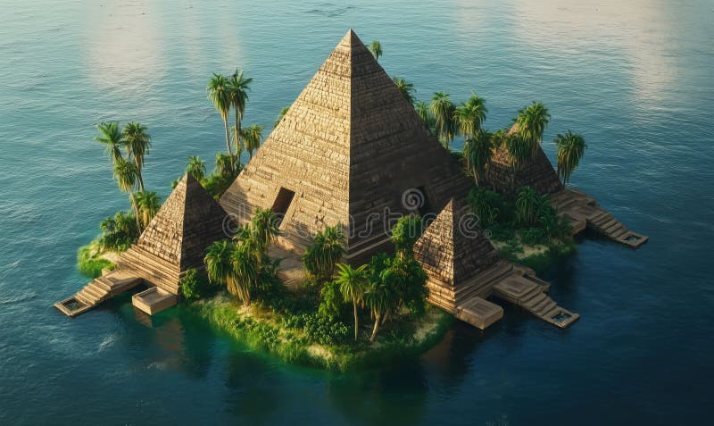 Pyramids on Island Surrounded by Water, Lush Greenery, Ancient ...