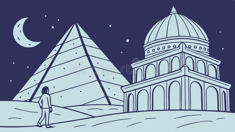 Pyramids and a Mosque Under a Crescent Moon, Blending Ancient and ...