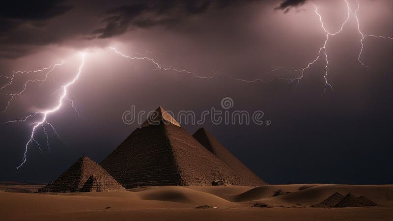 Pyramids in the Night _A Dramatic Scene of a Pyramid and Lightning ...