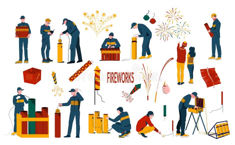 Pyrotechnics Fireworks Launch Flat Icon Set Stock Vector - Illustration ...