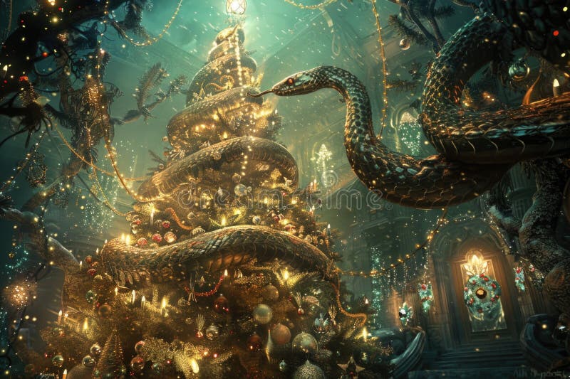 Python Entwined in Festive Christmas Tree Decorations with Warm Glowing ...