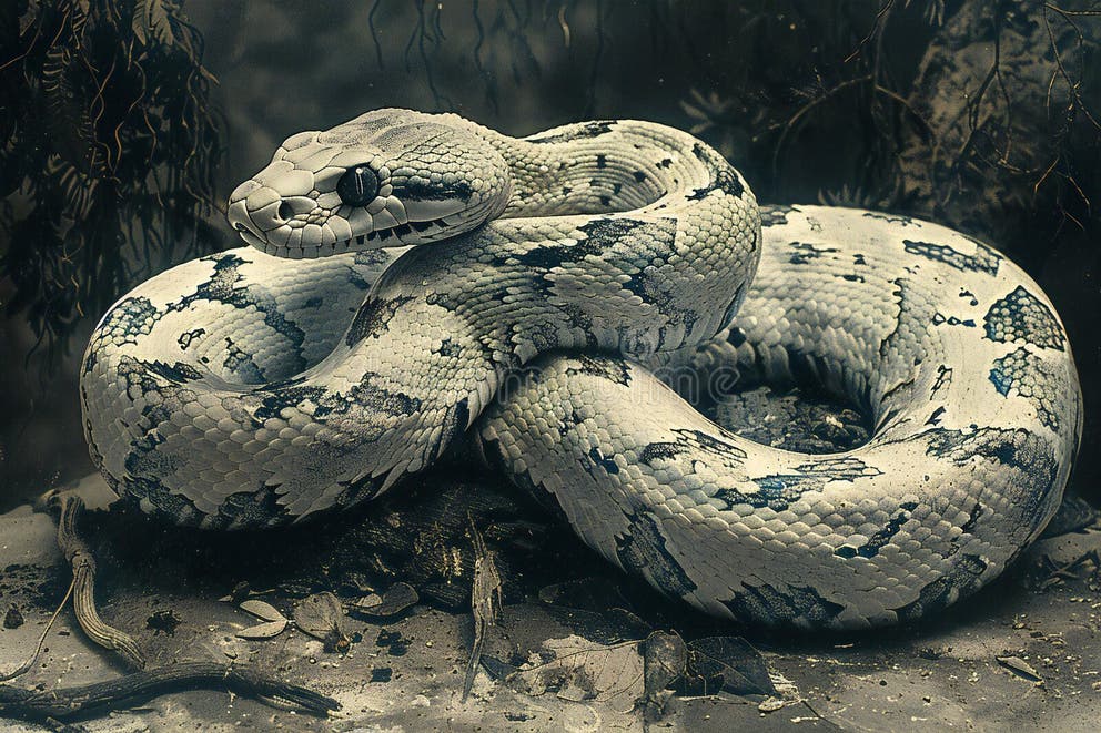 Python Snake in the Dark Forest, Python Reticulatus Stock Illustration ...