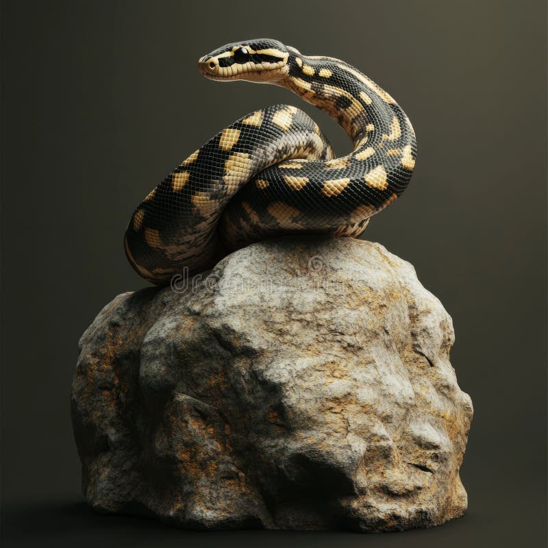 Python Snake on a Stone on a Black Background. 3d Illustration Stock ...