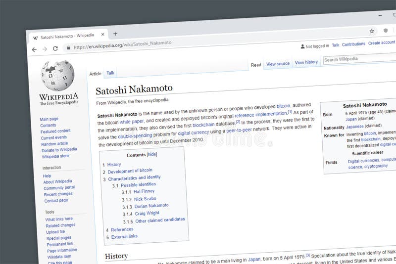 Página De La Información De Satoshi Nakamoto Wikipedia Imagen de archivo editorial - Imagen de ...