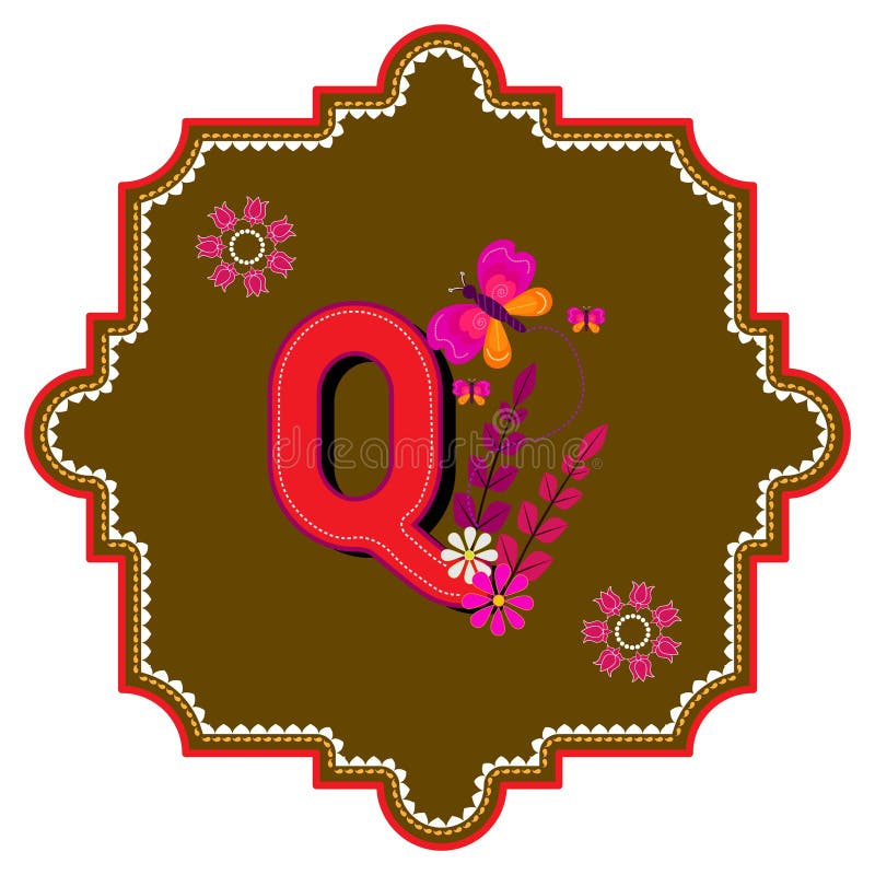 Letter Q. Alphabet Q Sticker. Floral Type with Butterflies. Lotus and ...