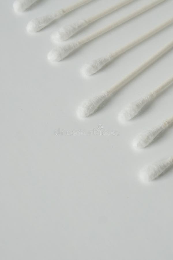 Q Tip Or Cotton Bud Swab Top View On Horizontal White Background With Blank Empty Space For